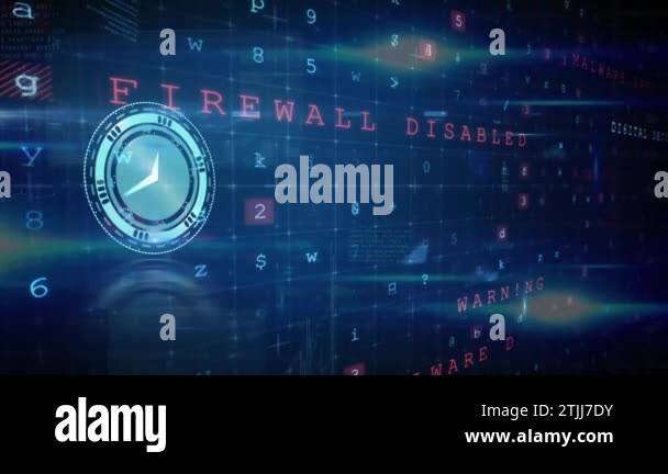 Animation of periodic motion of digital clock, lens flare, number, alphabet and multiple text ...