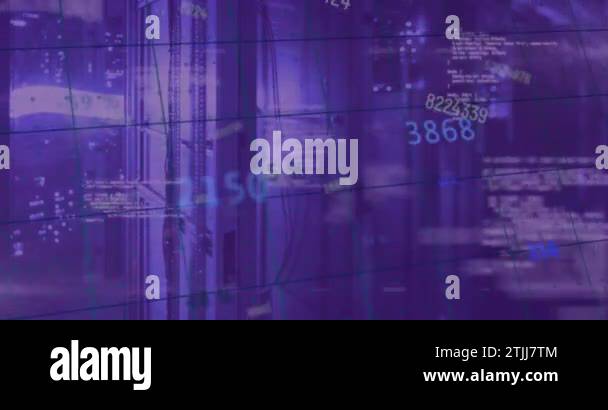Animation of changing numbers over neon qr code and data processing against computer server room ...