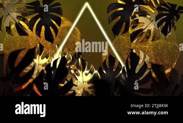 Animation of monstera plant leaves and white neon triangle over glowing ...