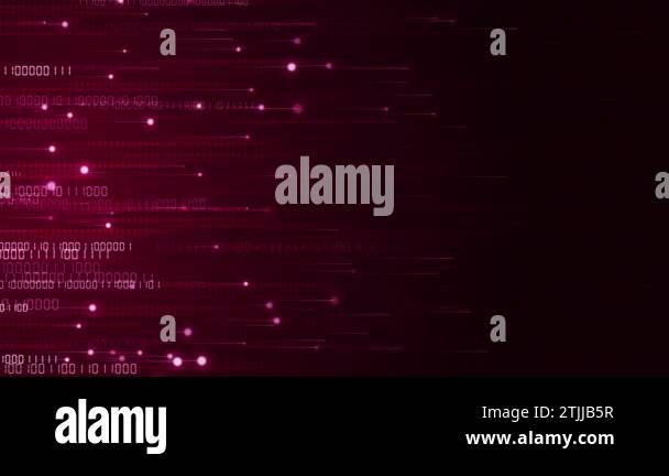 Horizontal neon beams. Movement of numbers and glowing particles on red ...