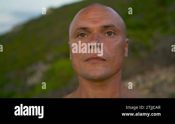 Man practicing spiritual yoga training portrait. Focused calm yogi ...