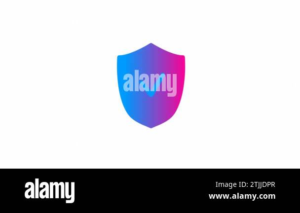 Animated pink blue symbol of shield with check mark. Radiance from rays ...