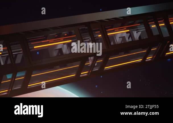 Space concept. Astronaut going through the long tunnel to another ...