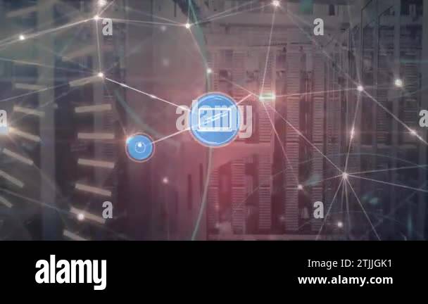 Animation of 5g text, connected icons, lines moving in circular motion, lens flare over server ...