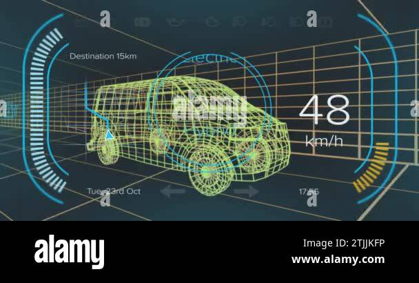 Animation of speedometer with texts, changing numbers over 3d model of van against black ...