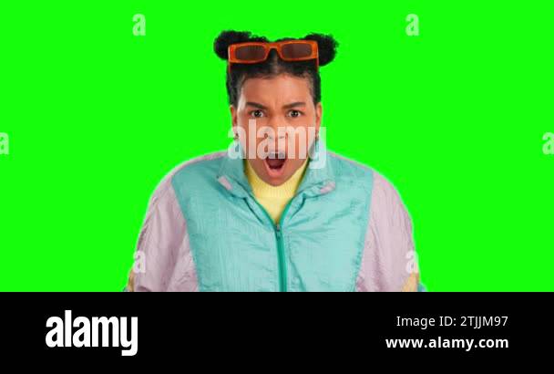 Face, green screen and woman shocked, wow and announcement against a ...