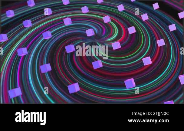 Animation of rows of 3d cubes shapes moving over light trails. Abstract, shapes and colour ...