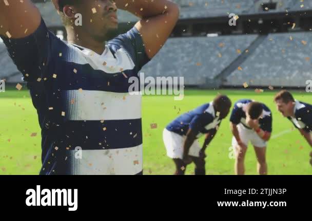 Animation of confetti falling over african american male rugby player ...