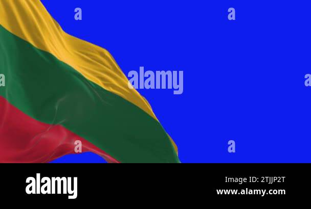Lithuania flag waving in the wind on blue screen. Horizontal tricolor ...