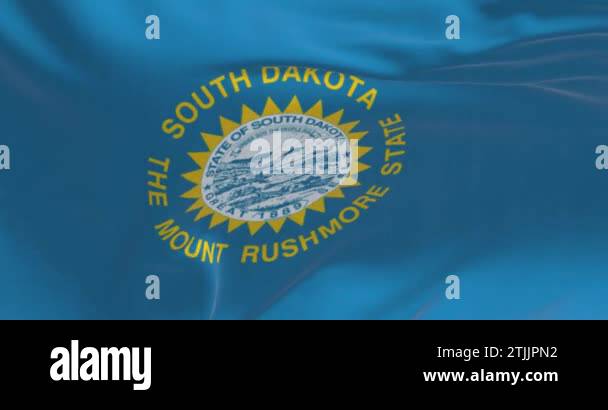 South Dakota flag waving. Sky blue field, state seal, and inscriptions ...