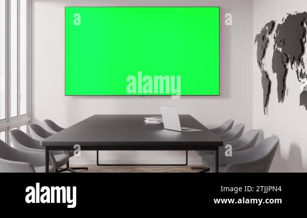 Conference room with blank green TV screen. Monitor mock up with Chroma ...