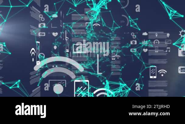 Animation of computer application icons, graph and trading board against connected dots ...