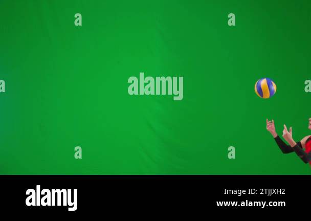 Young female volleyball player jumping and hitting the ball on green ...