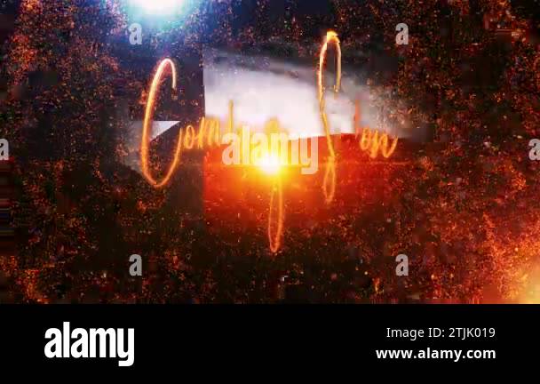 Coming Soon gold text motion with fire burst and golden particles ...