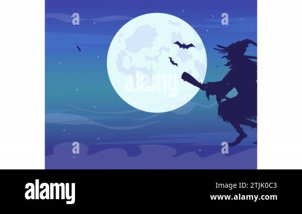 Animated witch on broom illustration. Wicked hex. Witchcraft. Evil ...