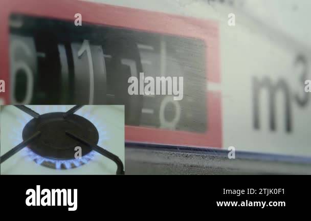 collage of spinning numbers in home gas meter and burning gas burner on ...
