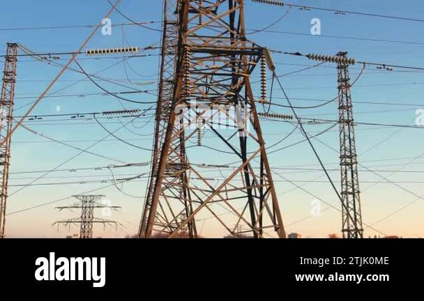 Transmission power tower with wires. Electricity pylon and high voltage ...