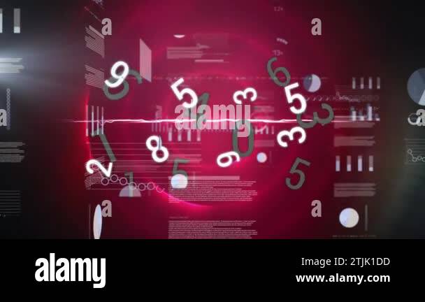 Animation of statistical data processing, changing numbers and pink light trails in circular ...