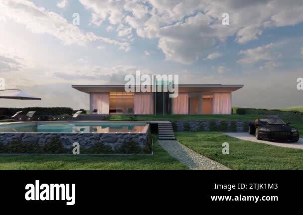 3d visualization of a house exterior. Modern luxurious house exterior ...