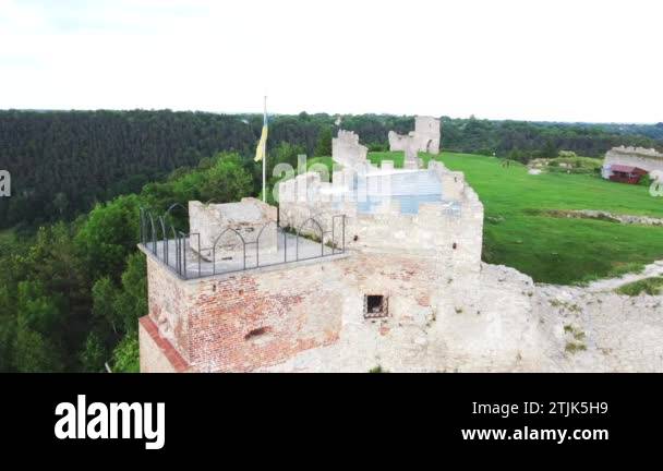 Ancient ruins of Kremenets Castle on a hill from a birds eye view ...