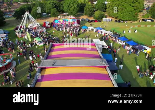 High Angle Footage of Public Funfair Held at Lewsey Public Park of ...