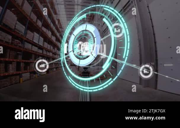 Animation of circles, connected icons, robotic arm over low angle view ...