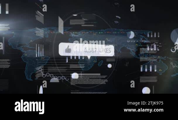 Animation of like icon with increasing numbers over data processing and world map on blue ...