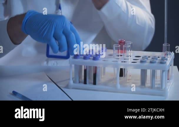 Pathologist working in lab with blood samples. Scientist processing DNA ...