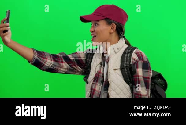 Green screen, selfie and influencer live streaming on social media for ...