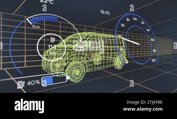 Animation of speedometer with numbers and icons over 3d model of van against black background ...