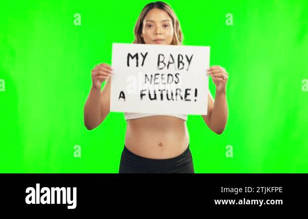 Green screen, protest sign or woman with pregnant stomach in studio to ...