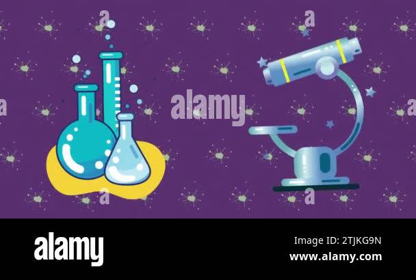 Animation of microscope and beakers icons over virus cells on purple ...
