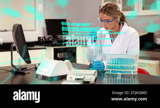 Animation of computer language, molecule structures, caucasian scientist taking liquid sample ...