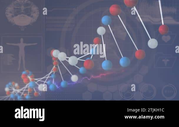 Animation of dna helix over human body, brain over computer icons and ...