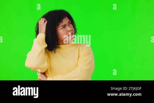 Confused, woman and scratching head in green screen studio with ...