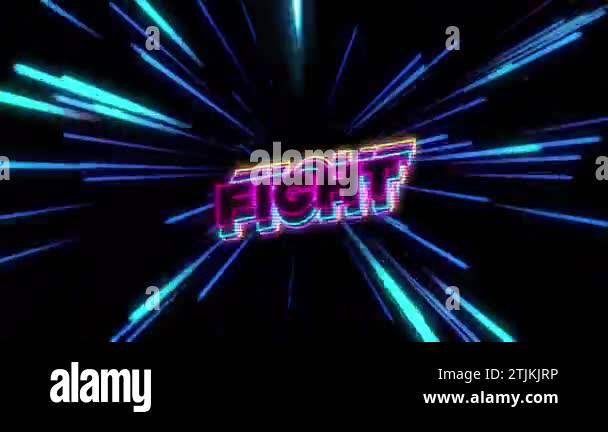 Animation of fight text over neon light trails on black background ...