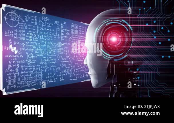 hominoid AI robot looking at hologram screen in concept of math ...
