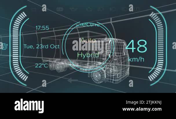 Animation of speedometer with numbers, texts over 3d model of truck against black background ...