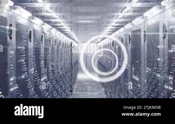 Animation of circular shapes and binary coding in seamless pattern against computer server room ...