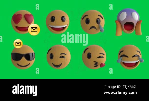 Animation of message icon in circles over multiple emoticons against ...