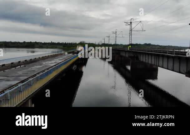 Pontoon bridge of the Ukrainian army. Installation of a temporary ...