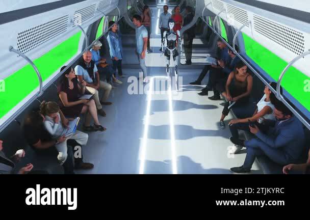 3d people and robots. Flying passenger train. Utopia. concept of the ...