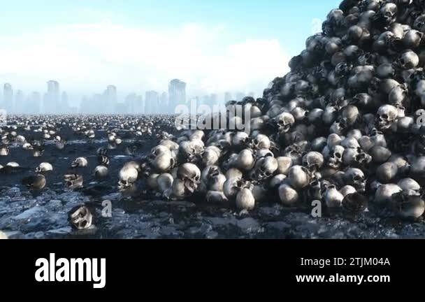 Pile of skulls. Apocalypse andarmagddon concept. Realistic cinematic 4k ...