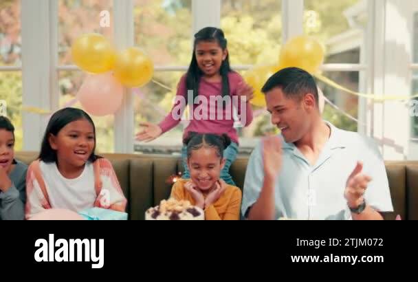 Birthday cake sparkler, party applause and happy kids, friends or ...