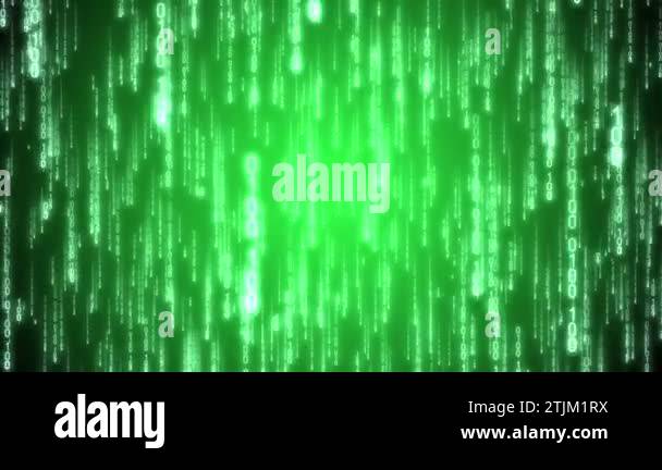 Green binary code falling down - matrix concept. Camera moves thorough ...