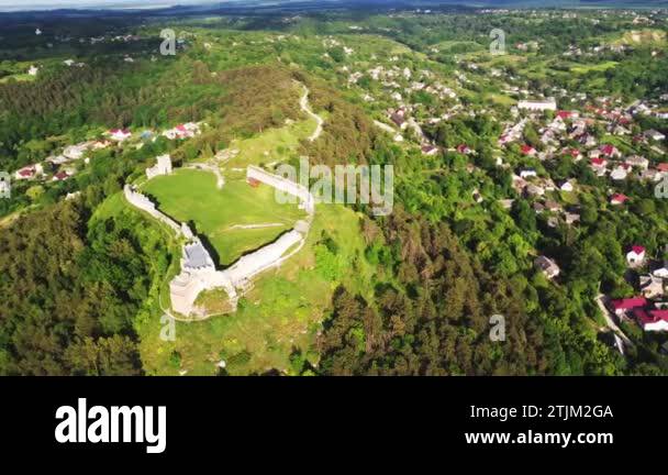 Ancient ruins of Kremenets Castle on a hill from a birds eye view ...
