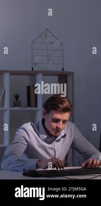 Vertical video. Many work. Tired busy man. Online communication. Office ...