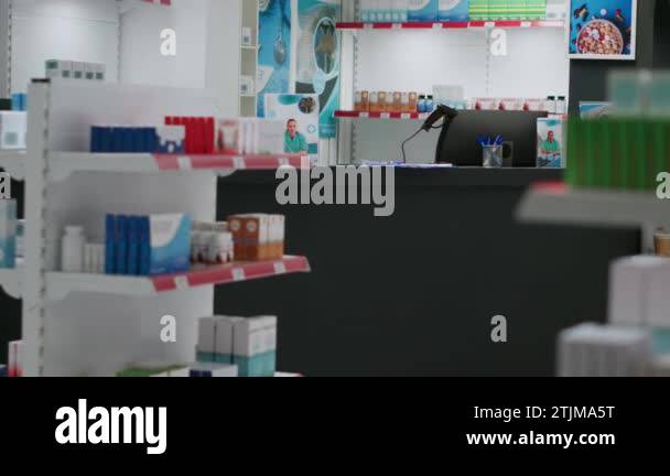 Healthcare drugstore with pharmaceutical products and medication on ...