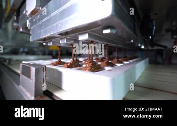 Automated Production line of chocolate pralines in a factory. Different ...