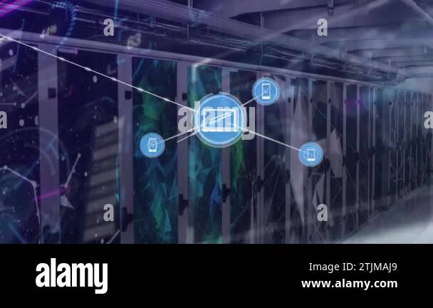 Animation of connected icons, globe, geometric shapes and loading circles over server room ...